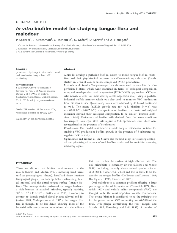 (PDF) In vitro biofilm model for studying tongue flora and malodour