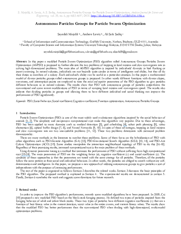(PDF) Autonomous Particles Groups for Particle Swarm Optimization