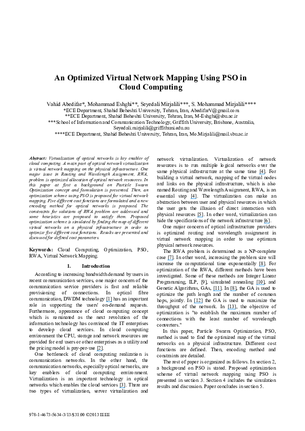 Pdf An Optimized Virtual Network Mapping Using Pso In Cloud Computing