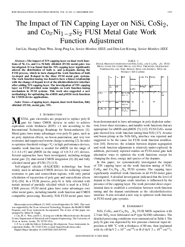 (PDF) The Impact of TiN Capping Layer on NiSi, $hbox CoSi_2$ , and ...