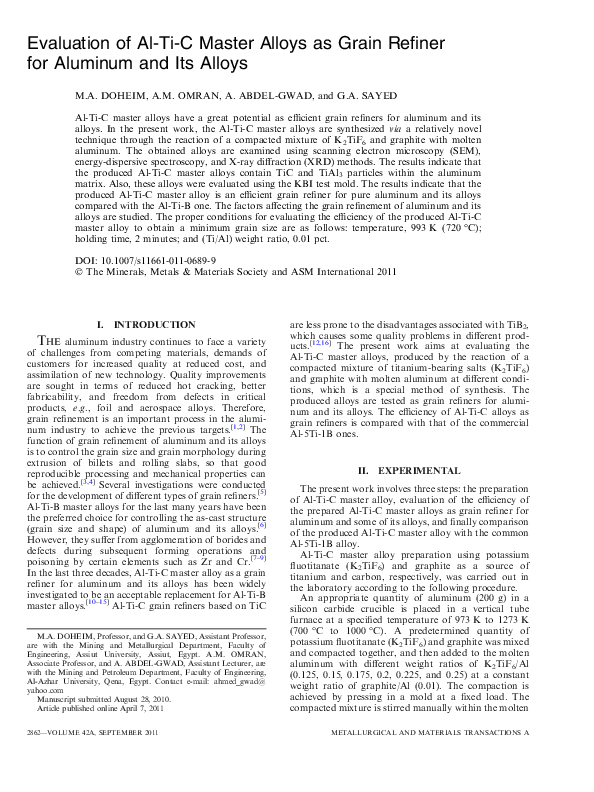 (PDF) Evaluation of Al-Ti-C Master Alloys as Grain Refiner for Aluminum ...