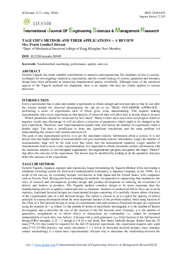 (PDF) TAGUCHI'S METHOD AND THEIR APPLICATIONS --A REVIEW