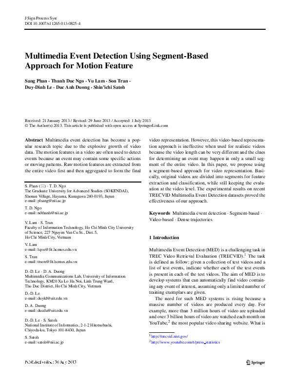 Pdf Multimedia Event Detection Using Segment Based Approach For