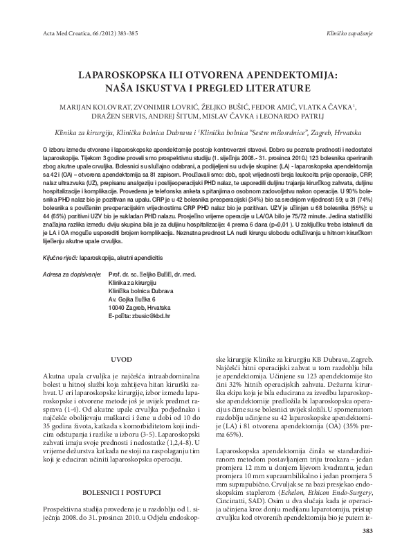 (PDF) Laparoskopska Ili Otvorena Apendektomija: Naša Iskustva I Pregled ...