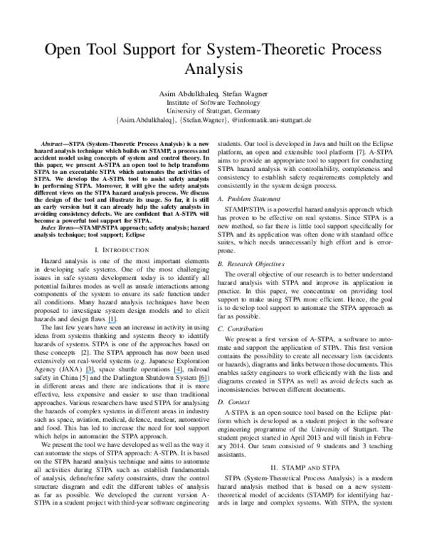 (PDF) A-STPA: An Open Tool Support for System-Theoretic Process Analysis