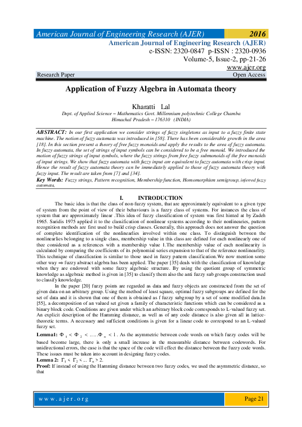 (PDF) Application of Fuzzy Algebra in Automata theory