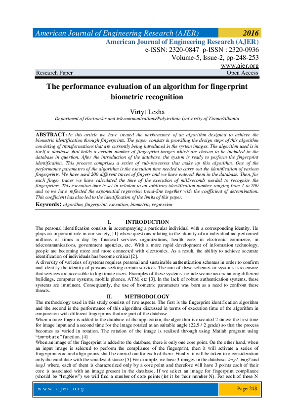 Pdf The Performance Evaluation Of An Algorithm For Fingerprint