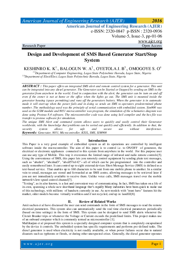(PDF) Design and Development of SMS Based Generator Start/Stop System