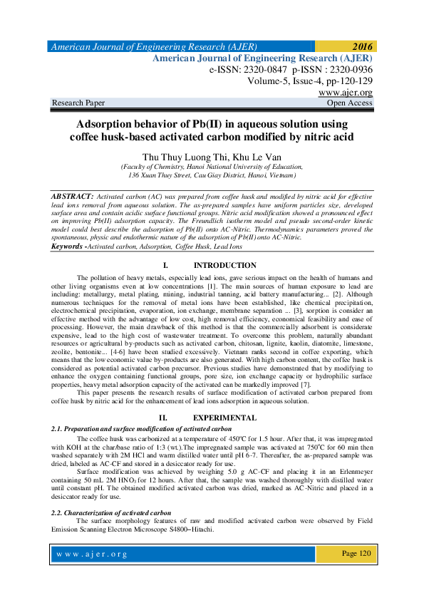 (PDF) Adsorption behavior of Pb(II) in aqueous solution using coffee husk-based activated carbon ...