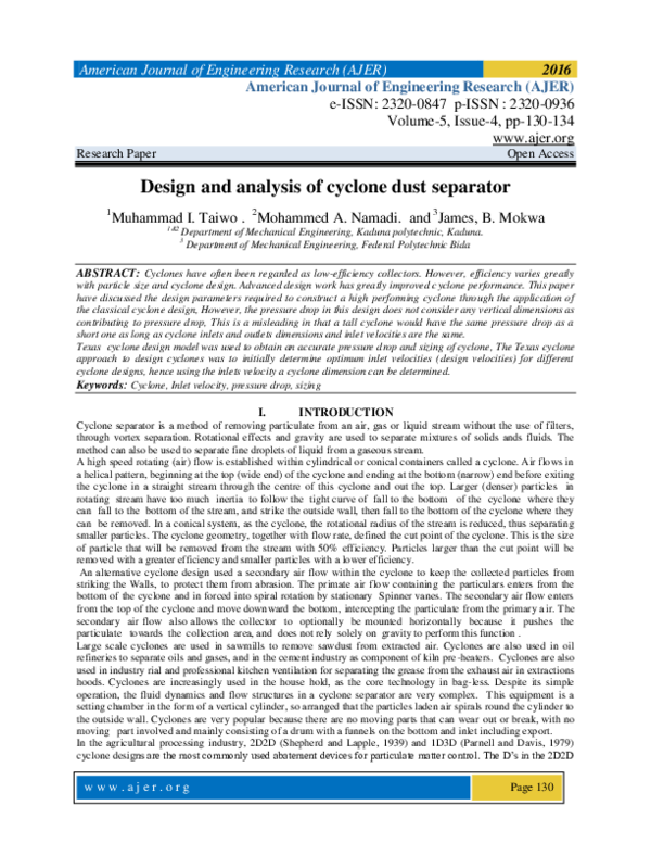 (PDF) Design and analysis of cyclone dust separator