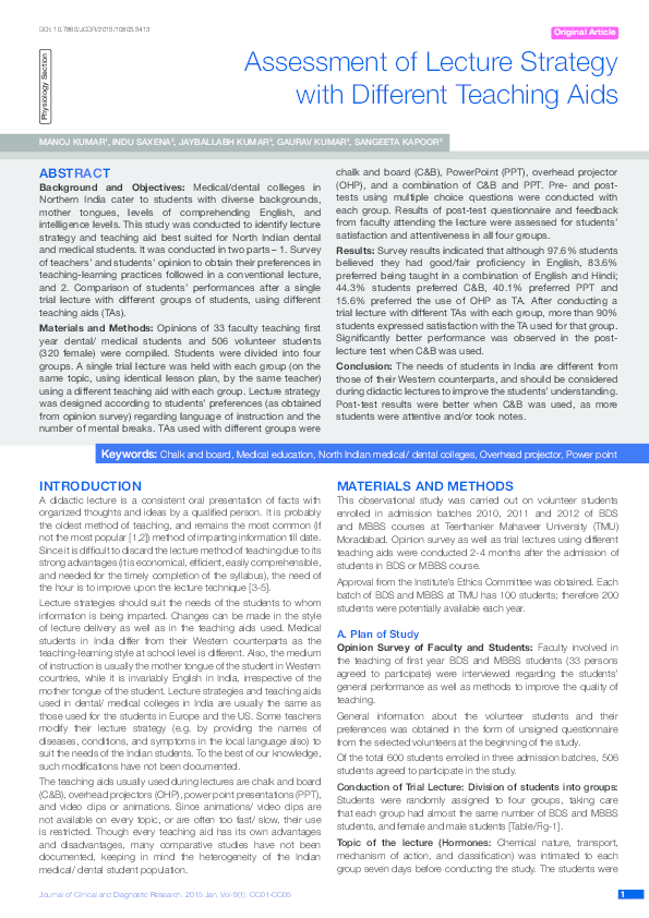 (PDF) Assessment of lecture strategy with different teaching AIDS