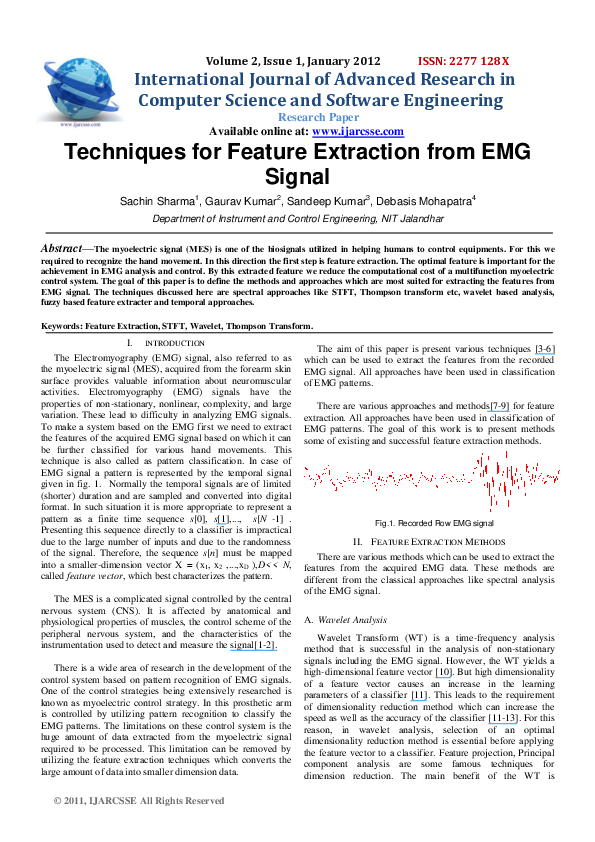 (PDF) Techniques for Feature Extraction from EMG Signal