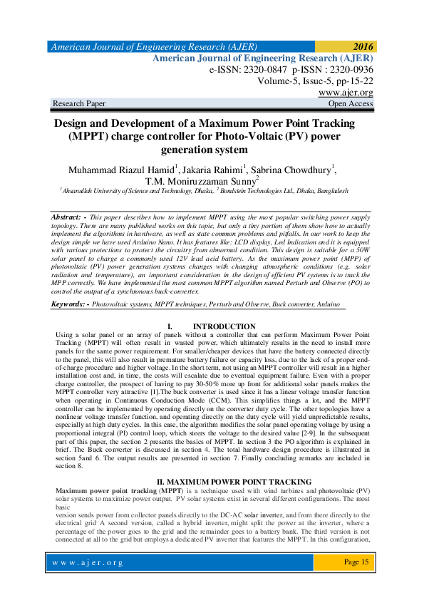 (PDF) Design and Development of a Maximum Power Point Tracking (MPPT) charge controller for ...
