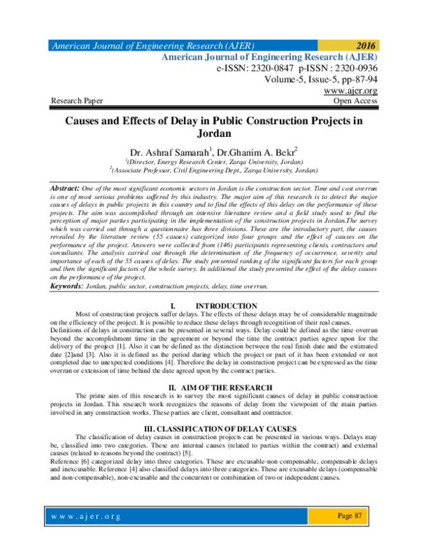 (PDF) Causes and Effects of Delay in Public Construction Projects in Jordan
