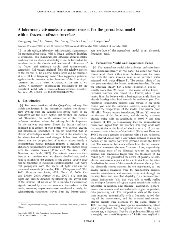Pdf A Laboratory Seismoelectric Measurement For The Permafrost Model With A Frozen Unfrozen