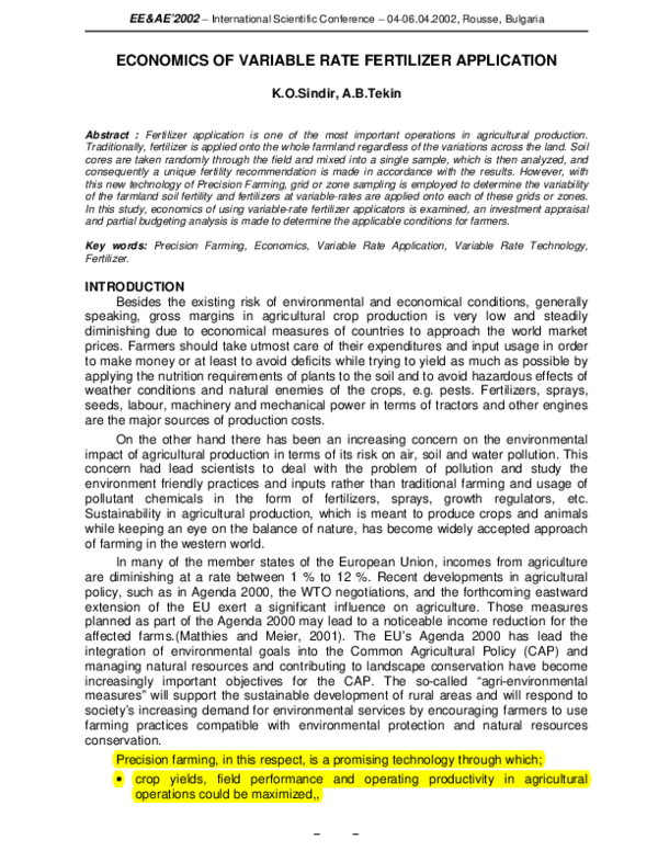 Pdf Economics Of Variable Rate Fertilizer Application