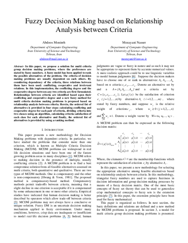(PDF) Fuzzy decision making based on relationship analysis between criteria