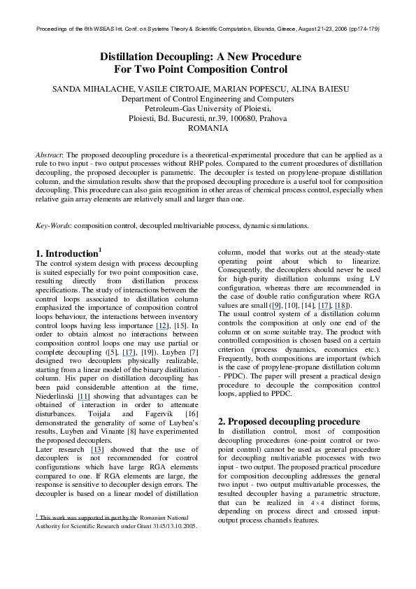 (PDF) Distillation Decoupling: A New Procedure For Two Point Composition Control
