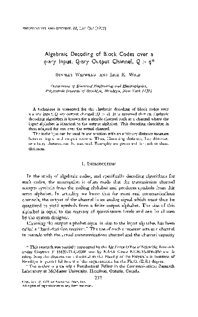 Pdf Algebraic Decoding Of Block Codes Over A Q Ary Input Q Ary