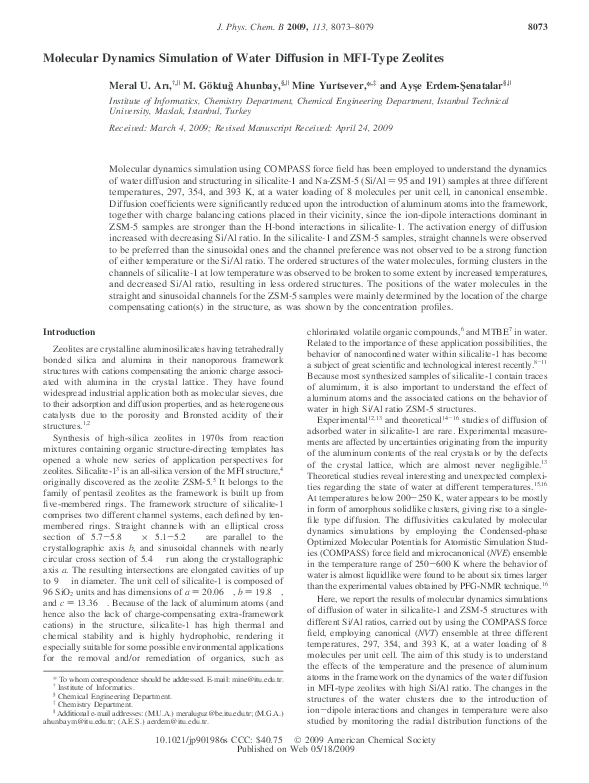 (PDF) Molecular Dynamics Simulation of Water Diffusion in MFI-Type Zeolites