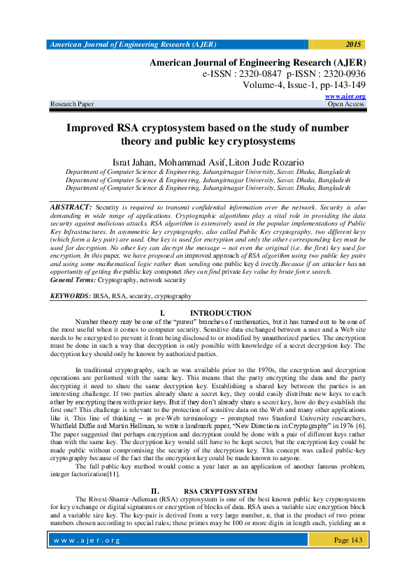 (PDF) Improved RSA cryptosystem based on the study of number theory and ...