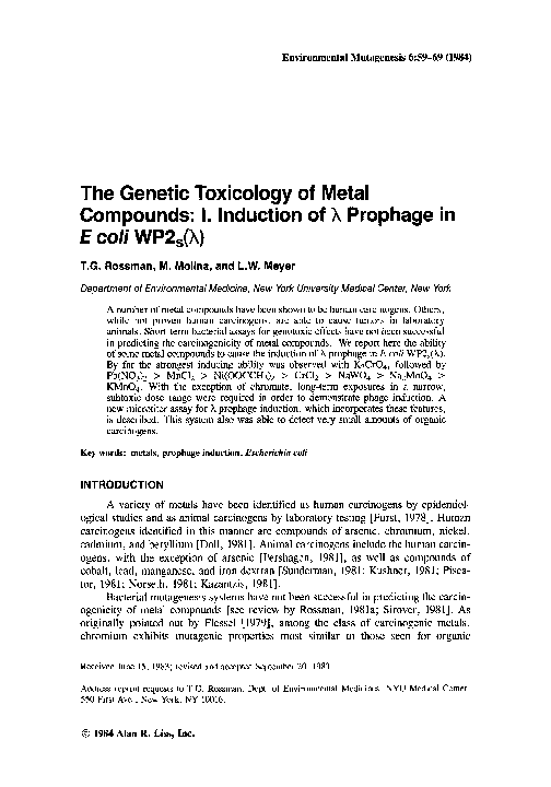 Pdf The Genetic Toxicology Of Metal Compounds I Induction Of λ Prophage Ine Coli Wp2s