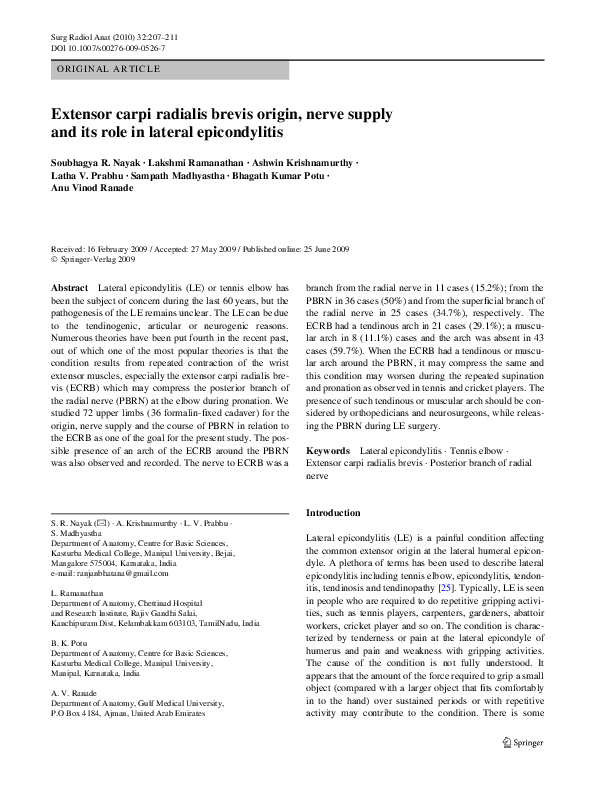 (PDF) Extensor carpi radialis brevis origin, nerve supply and its role ...