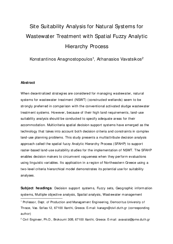 (PDF) Site Suitability Analysis for Natural Systems for Wastewater Treatment with Spatial Fuzzy ...