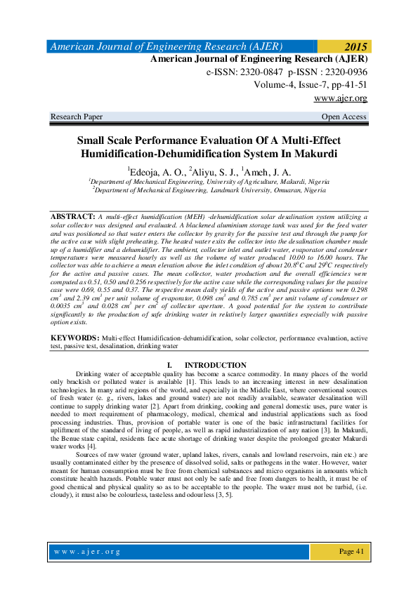(PDF) Small Scale Performance Evaluation Of A Multi-Effect Humidification-Dehumidification ...