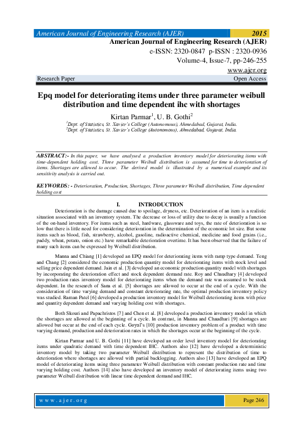 Pdf Epq Model For Deteriorating Items Under Three Parameter Weibull Distribution And Time