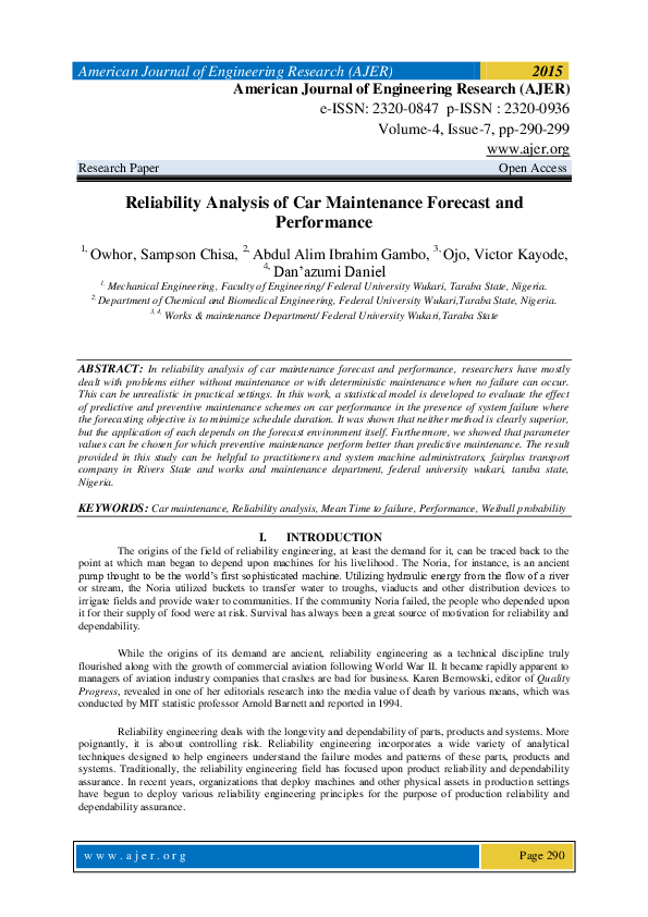(PDF) Reliability Analysis of Car Maintenance Forecast and Performance