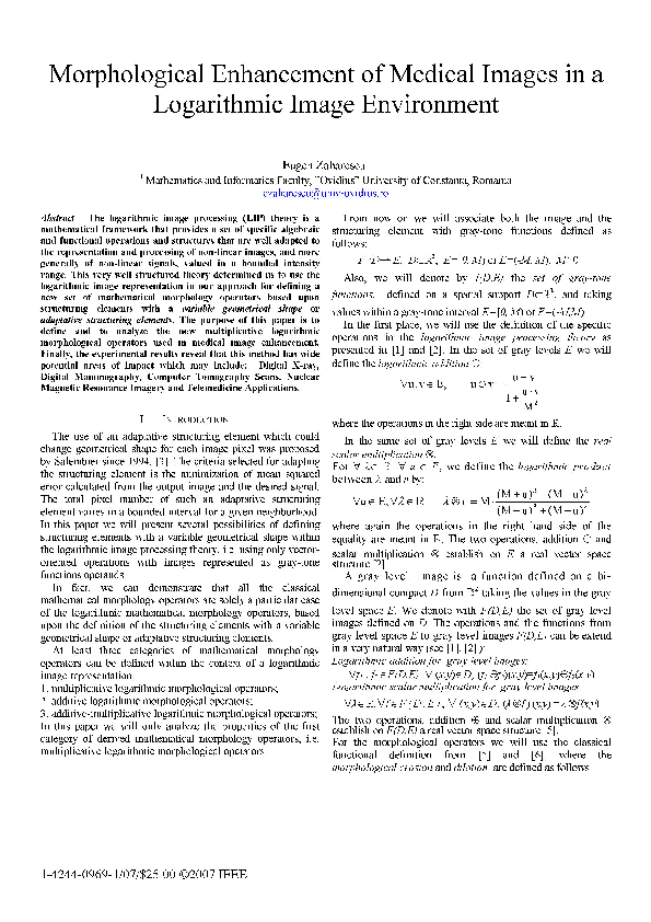 (PDF) Morphological Enhancement of Medical Images in a Logarithmic Image Environment