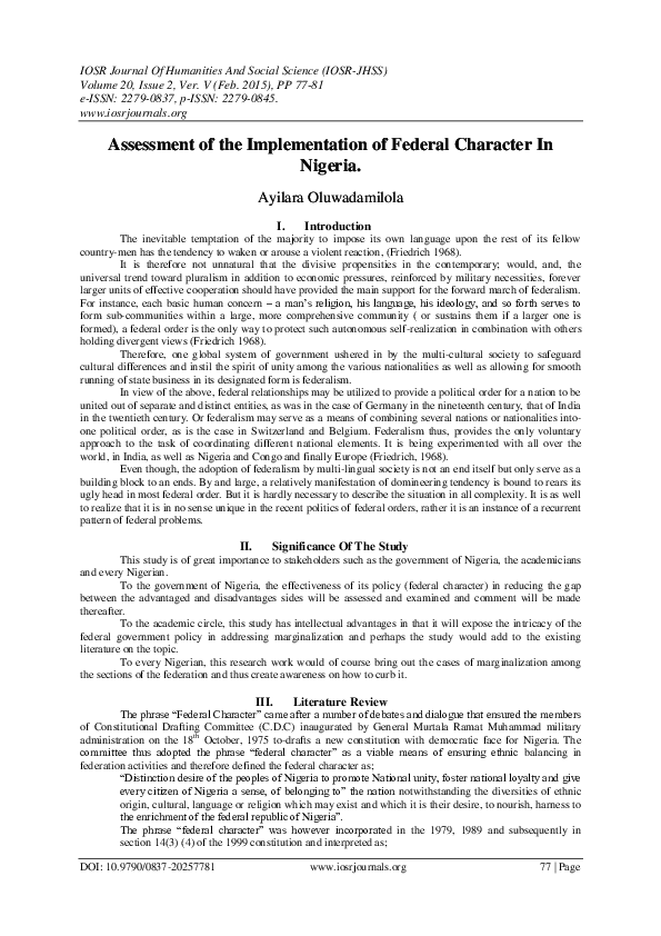(PDF) Assessment of the Implementation of Federal Character In Nigeria