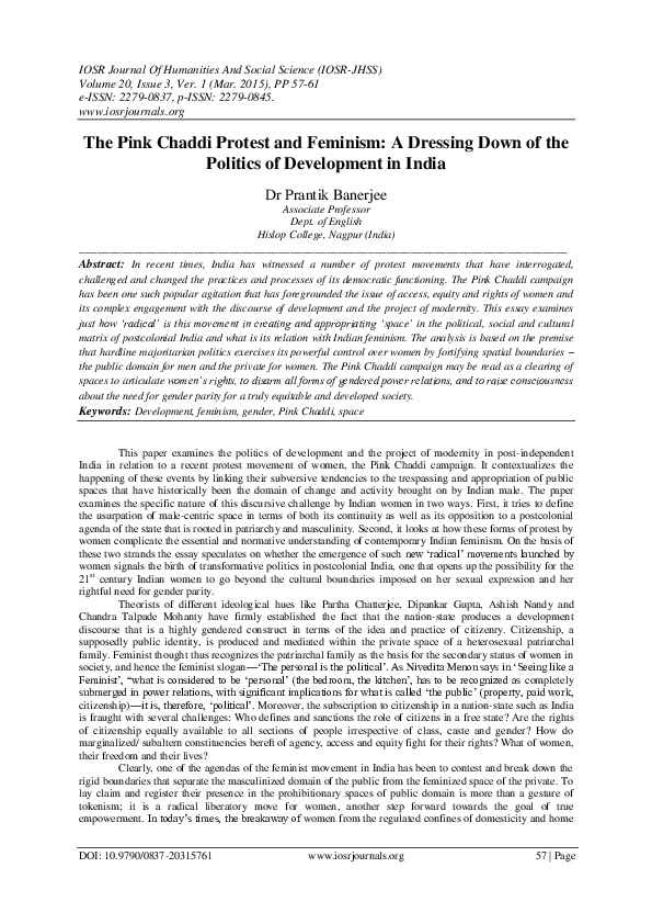 (PDF) The Pink Chaddi Protest and Feminism: A Dressing Down of the ...