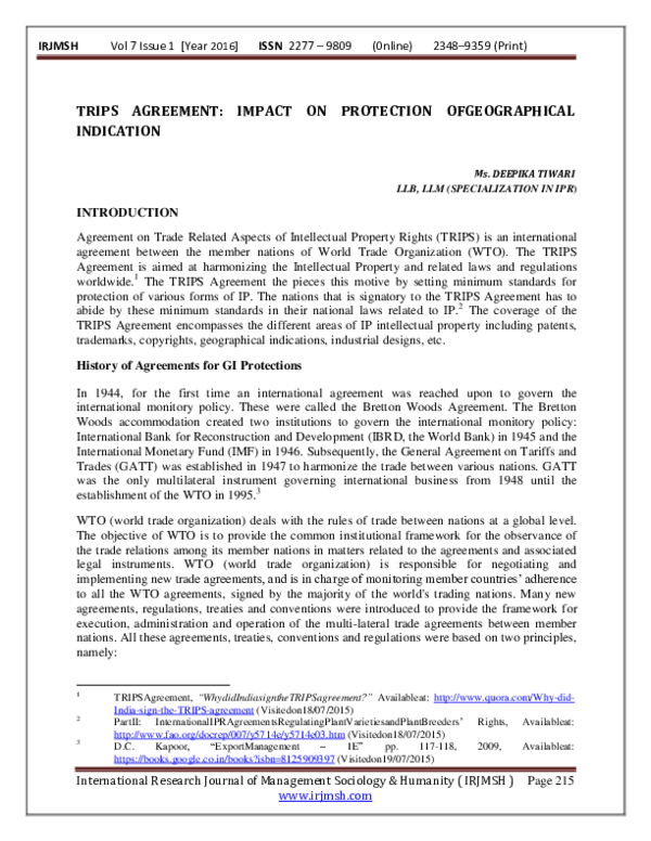 (PDF) TRIPS AGREEMENT: IMPACT ON PROTECTION OFGEOGRAPHICAL INDICATION