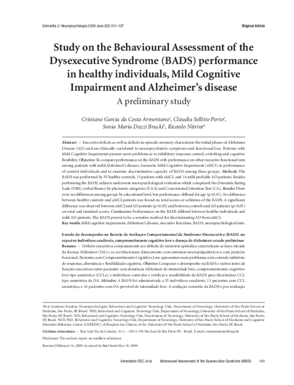Study on the Behavioural Assessment of the Dysexecutive Syndrome (BADS ...