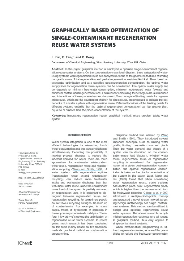 (PDF) Graphically Based Optimization of Single-Contaminant Regeneration Reuse Water Systems