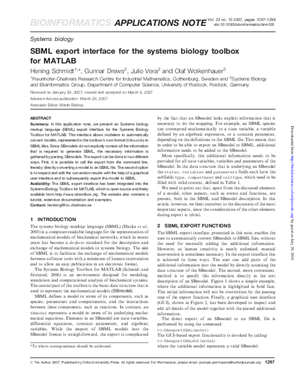 (PDF) SBML export interface for the systems biology toolbox for MATLAB