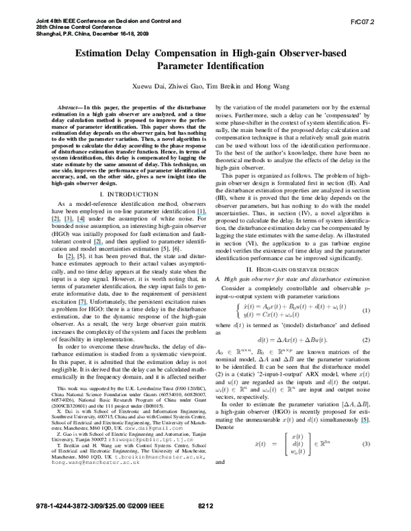 Pdf Estimation Delay Compensation In High Gain Observer Based Parameter Identification