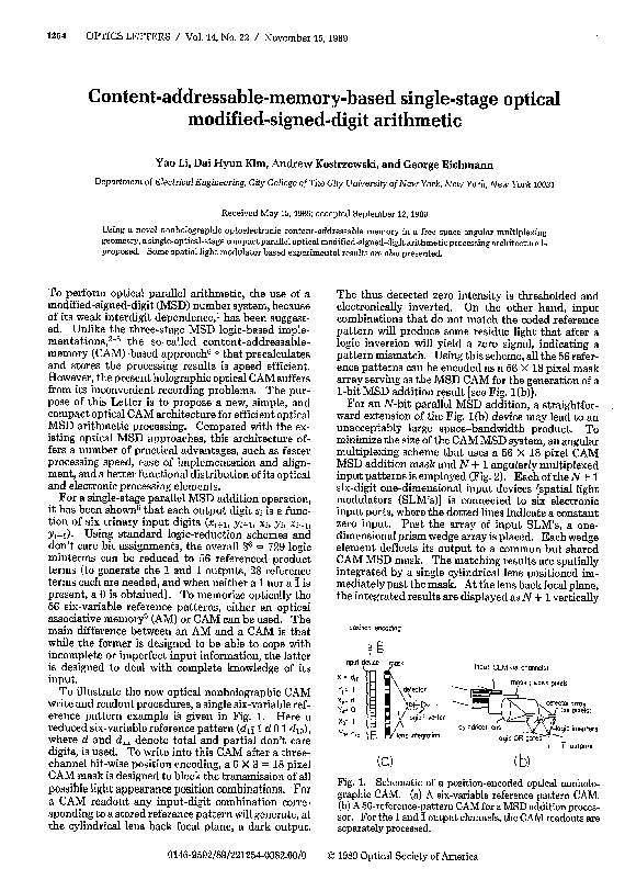 PDF Content addressable memory based Single stage Optical Modified PDF Content addressable memory based Single stage Optical Modified
