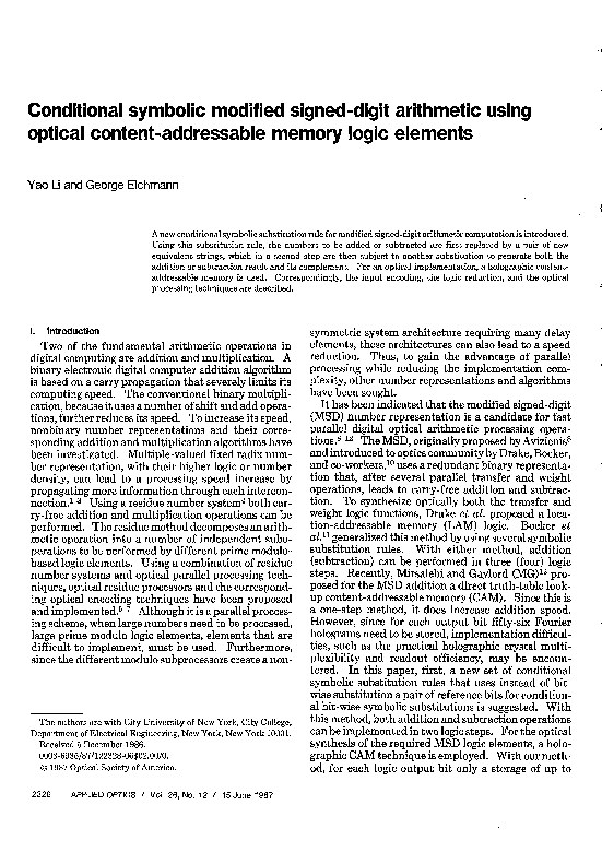 Pdf Optical Modified Signed Digit Arithmetic