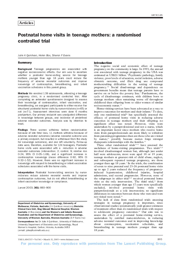 (PDF) Postnatal home visits in teenage mothers: a randomised controlled ...