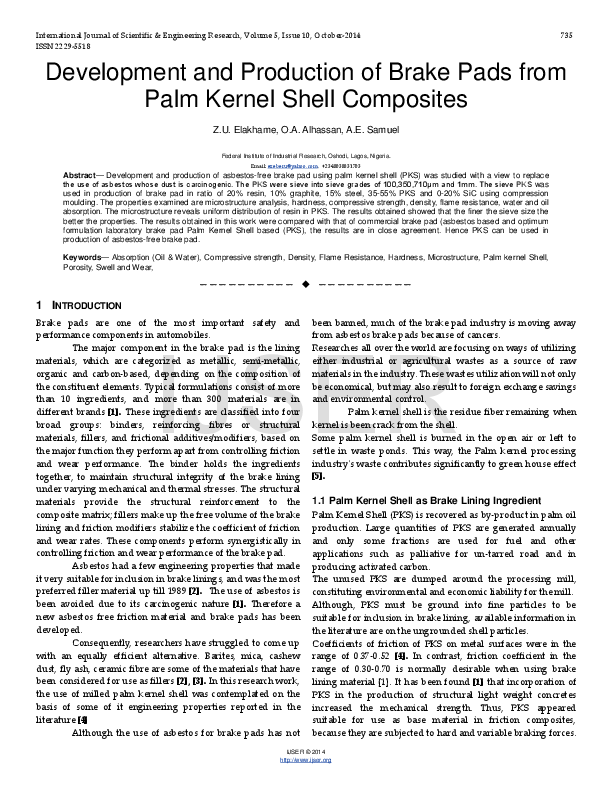 (PDF) Development and Production of Brake Pads from Palm Kernel Shell ...