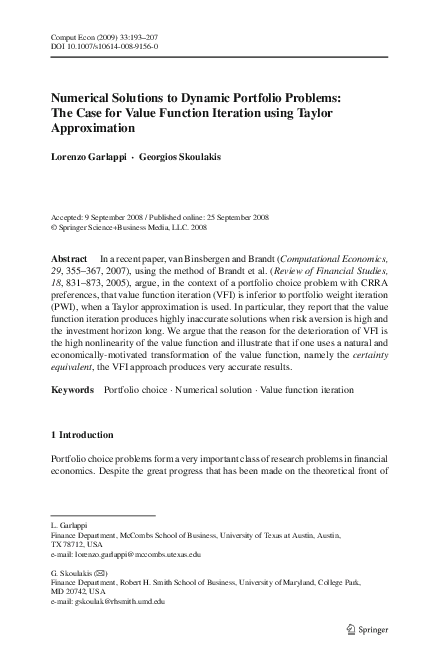 Pdf Numerical Solutions To Dynamic Portfolio Problems The Case For Value Function Iteration