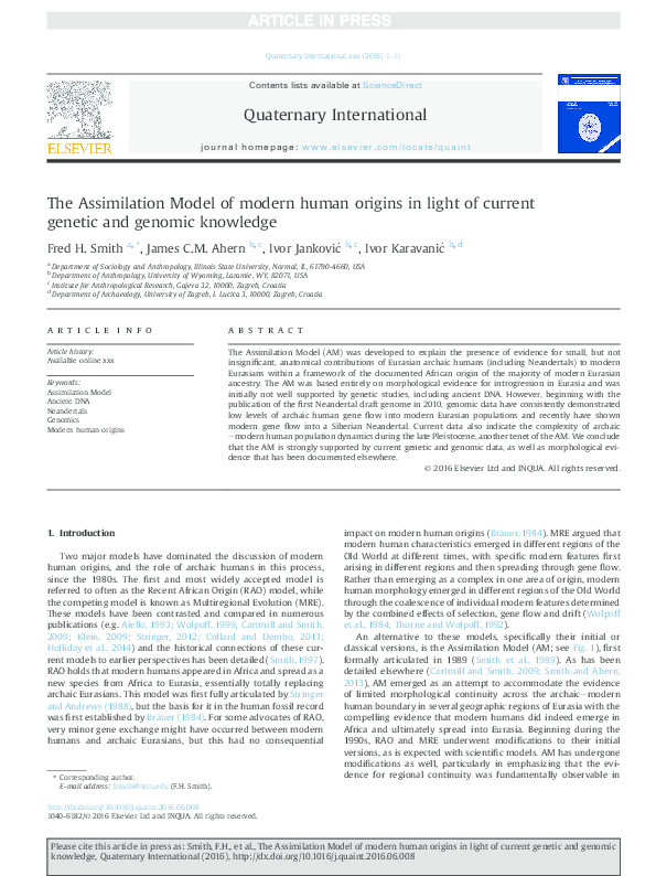 (PDF) The Assimilation Model of modern human origins in light of ...