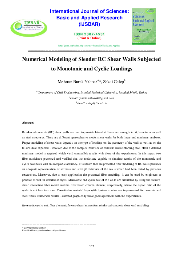 (PDF) Numerical Modeling of Slender RC Shear Walls Subjected to Monotonic and Cyclic Loadings