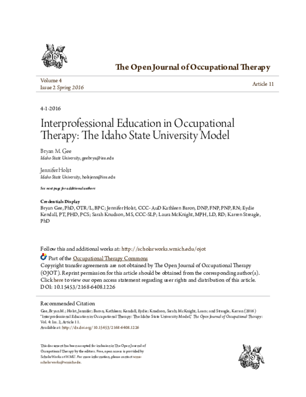 (PDF) Interprofessional Education in Occupational Therapy: The Idaho ...