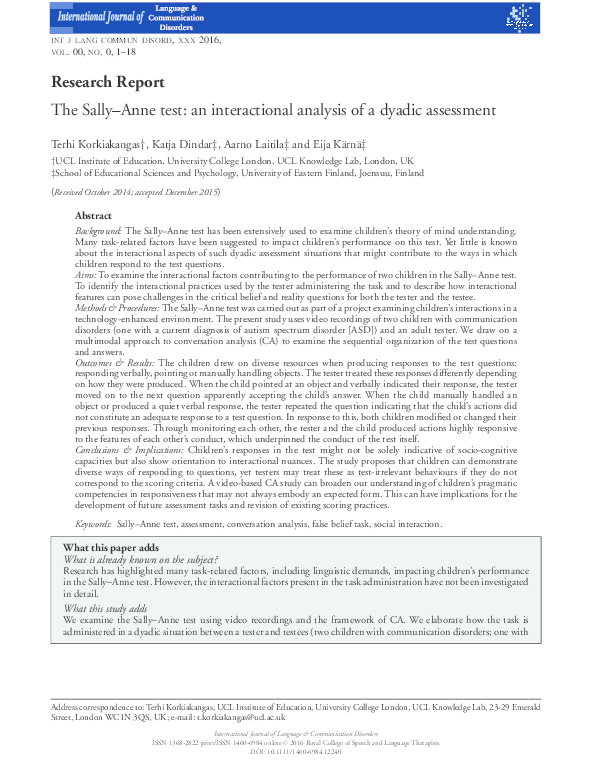 (PDF) The Sally–Anne test: an interactional analysis of a dyadic assessment