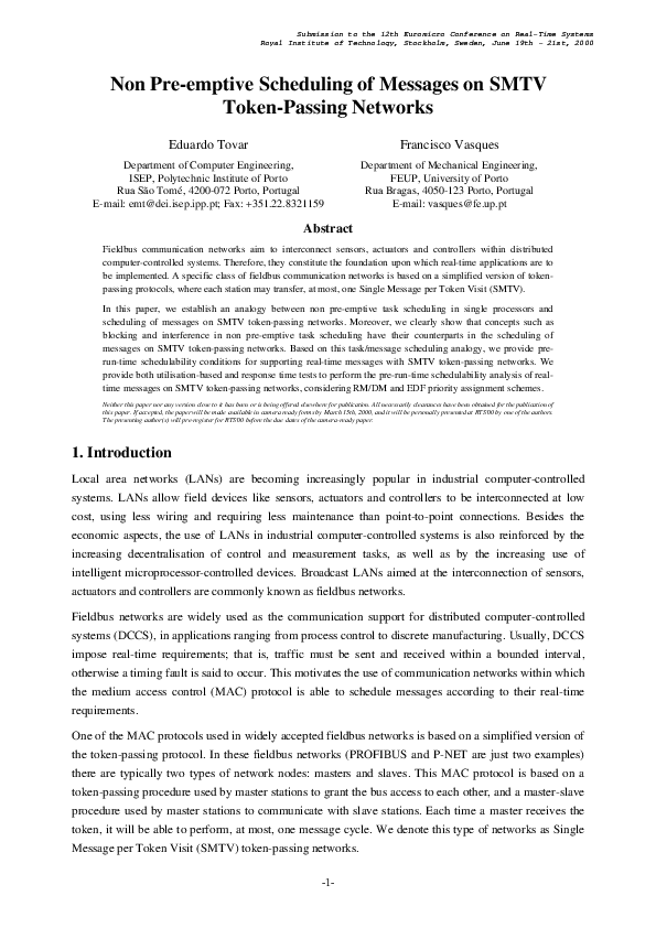 Non pre-emptive scheduling of messages on SMTV token-passing networks