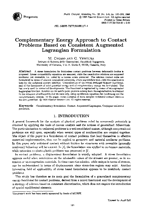 Pdf Complementary Energy Approach To Contact Problems Based On Consistent Augmented Lagrangian
